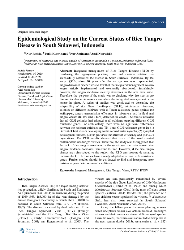 (PDF) Epidemiological Study on the Current Status of Rice Tungro ...