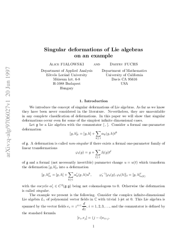 (PDF) Singular deformations of Lie algebras on an example