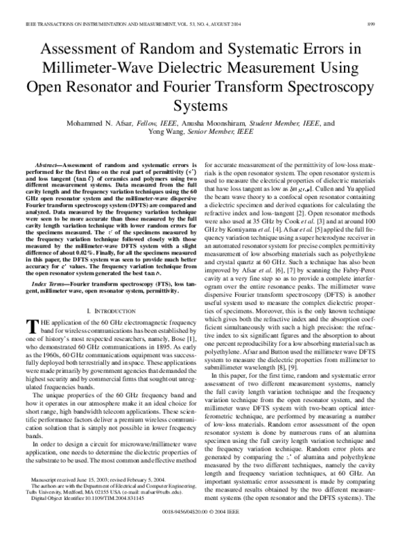 (PDF) Assessment of Random and Systematic Errors in Millimeter-Wave Dielectric Measurement Using ...