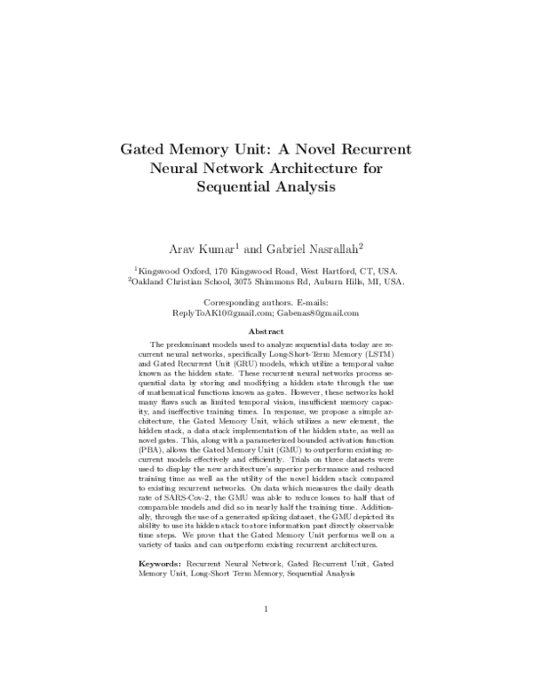 (PDF) Gated Memory Unit: A Novel Recurrent Neural Network Architecture to Improve Sequential ...