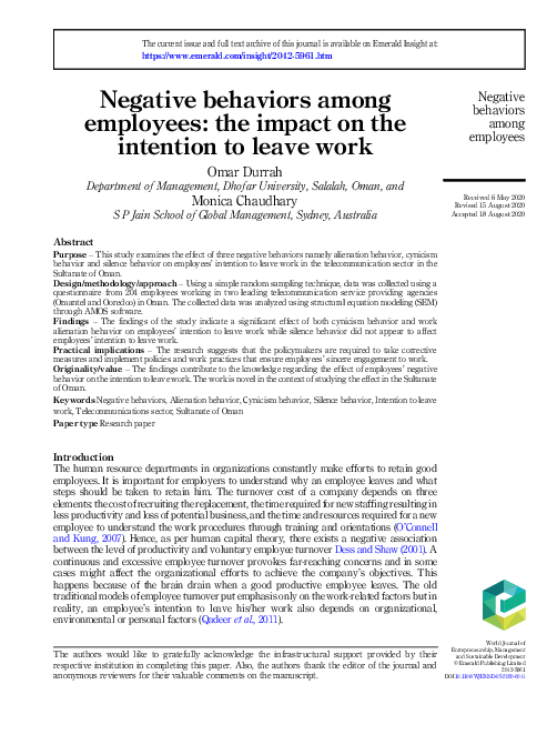 (PDF) Negative behaviors among employees: the impact on the intention ...
