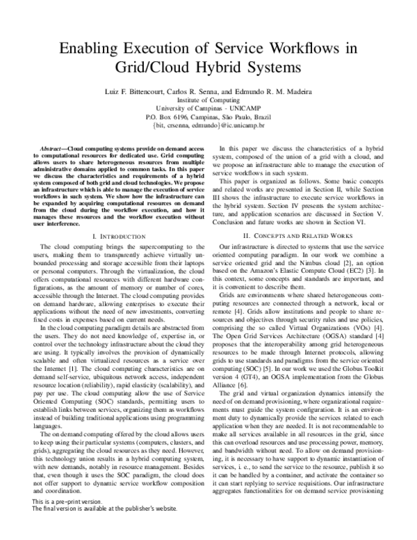 Pdf Enabling Execution Of Service Workflows In Gridcloud Hybrid Systems 3726