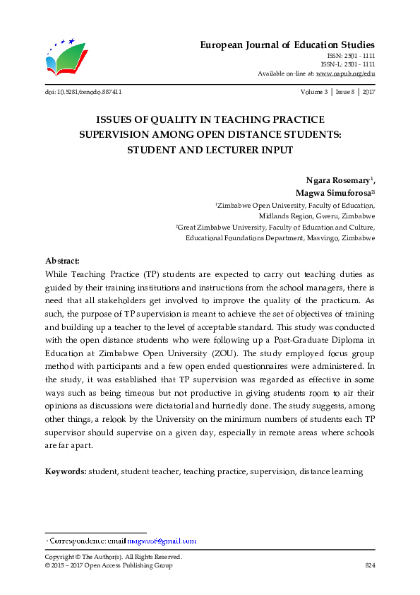 (PDF) Issues of Quality in Teaching Practice Supervision Among Open Distance Students: Student ...