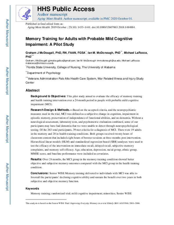 (PDF) Memory training for adults with probable mild cognitive ...