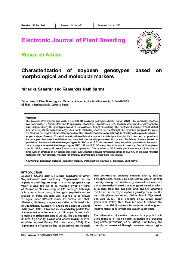 Pdf Characterization Of Soybean Genotypes Based On Morphological And Molecular Markers