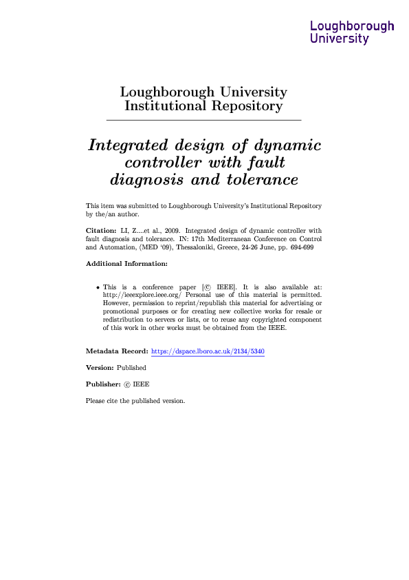 (PDF) Integrated design of dynamic controller with fault diagnosis and tolerance