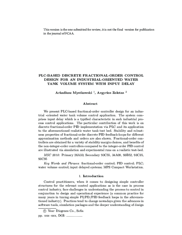 Pdf Plc Based Discrete Fractional Order Control Design For An