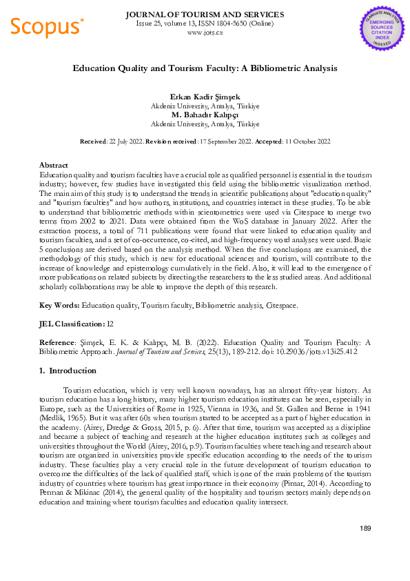 (PDF) Education Quality and Tourism Faculty: A Bibliometric Analysis