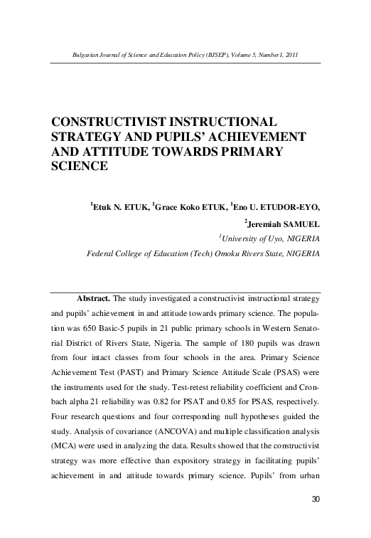 (PDF) Constructivist Instructional Strategy and Pupils' Achievement and Attitude Towards Primary ...
