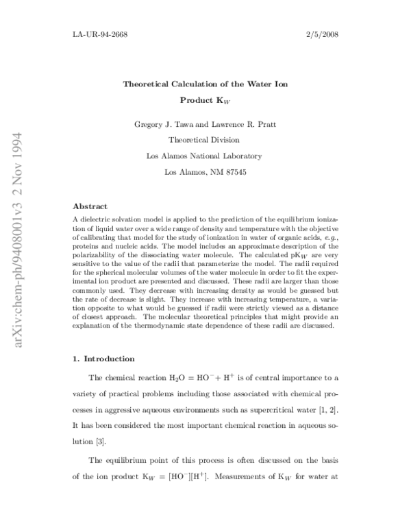 (PDF) Theoretical Calculation of the Water Ion Product KW