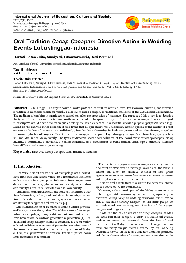 (PDF) Oral Tradition Cacap-Cacapan : Directive Action in Wedding Events ...