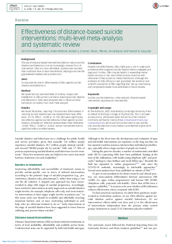 (PDF) Effectiveness of distance-based suicide interventions: multi-level meta-analysis and ...