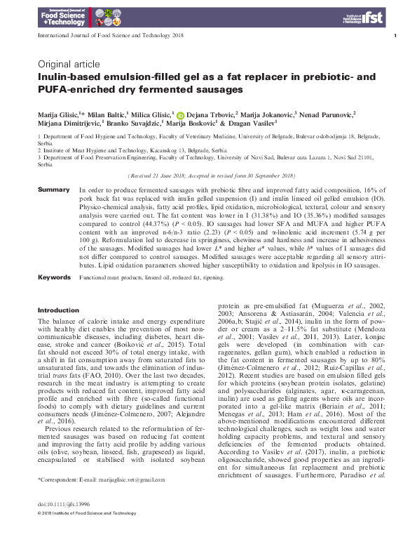 (PDF) Inulin‐based emulsion‐filled gel as a fat replacer in prebiotic ...