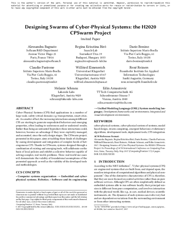 (PDF) Designing Swarms of Cyber-Physical Systems: the H2020 CPSwarm Project: Invited Paper