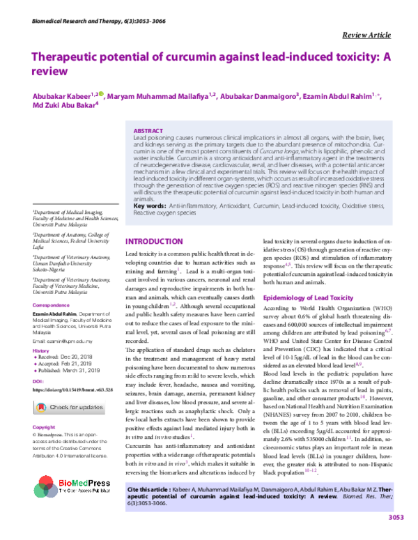 (PDF) Therapeutic potential of curcumin against lead-induced toxicity ...