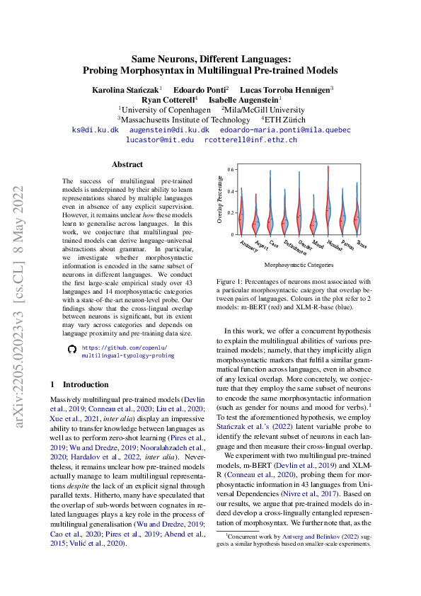 (PDF) Same Neurons, Different Languages: Probing Morphosyntax in Multilingual Pre-trained Models