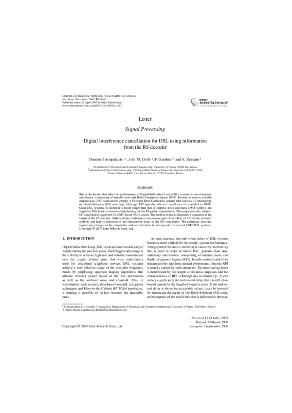 (PDF) Digital interference cancellation for DSL using information from the RS decoder