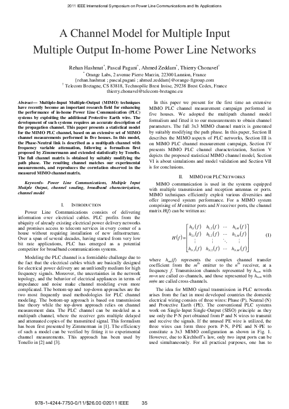 (PDF) A Channel Model for Multiple Input Multiple Output in-home Power Line Networks