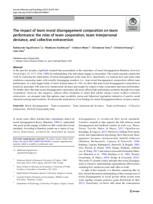(PDF) The impact of team moral disengagement composition on team ...