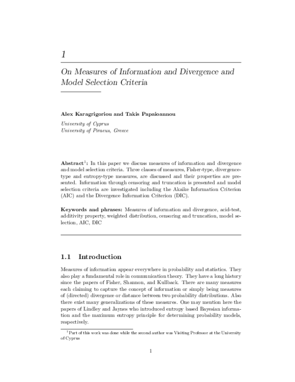 (PDF) On Measures of Information and Divergence and Model Selection Criteria