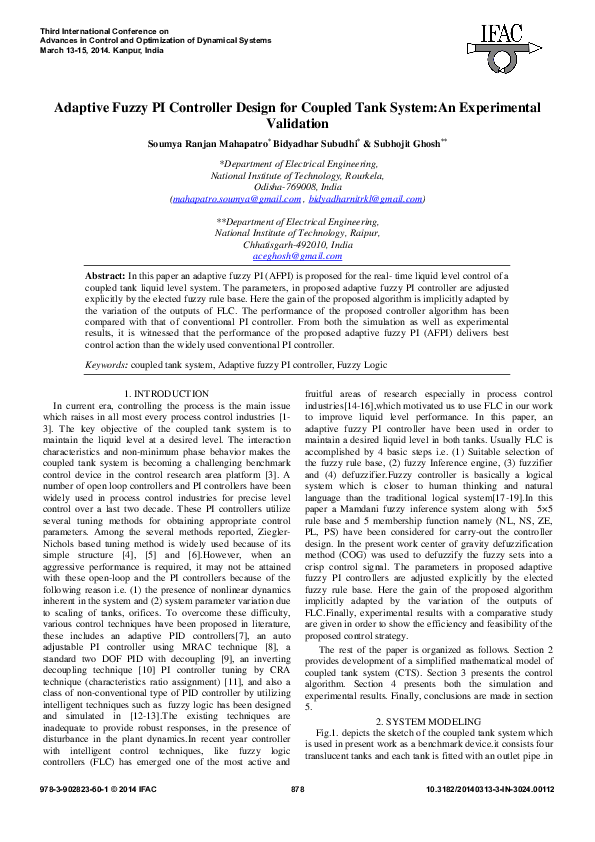 Pdf Adaptive Fuzzy Pi Controller Design For Coupled Tank Systeman Experimental Validation 9751