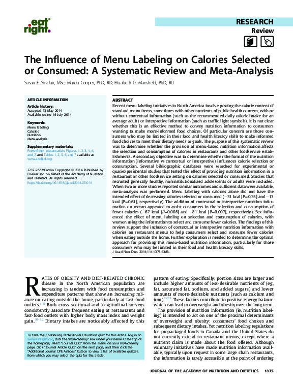 (PDF) The influence of menu labeling on calories selected or consumed ...