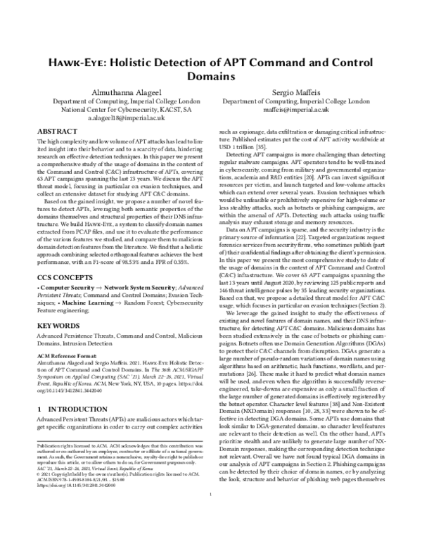 (PDF) Hawk-Eye: Holistic Detection of APT Command and Control Domains