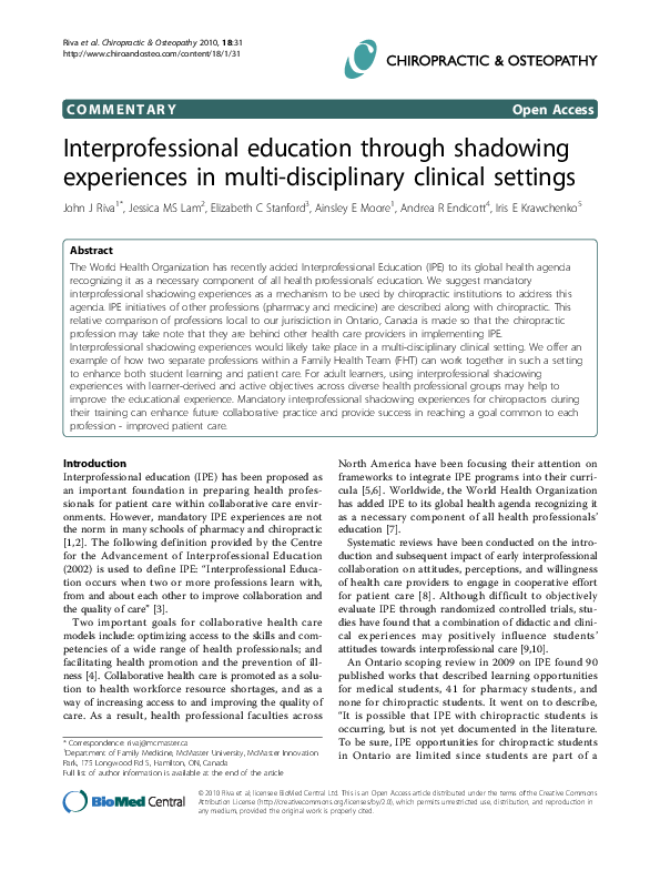 (PDF) Interprofessional education through shadowing experiences in multi-disciplinary clinical ...