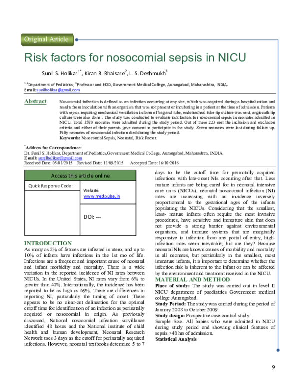 (PDF) Risk factors for nosocomial sepsis in NICU | Laxmikant Deshmukh ...