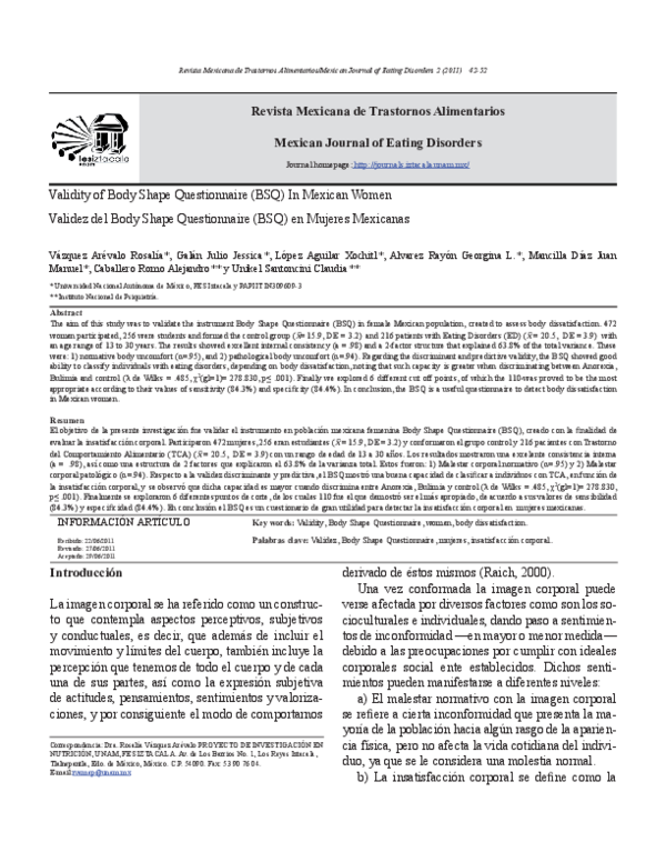 (PDF) Validity of Body Shape Questionnaire (BSQ) in Mexican women ...