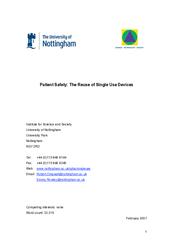 (PDF) Patient Safety: The Reuse of Single Use Devices