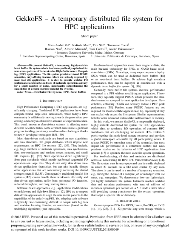 Pdf Gekkofs A Temporary Distributed File System For Hpc Applications Marc Vef