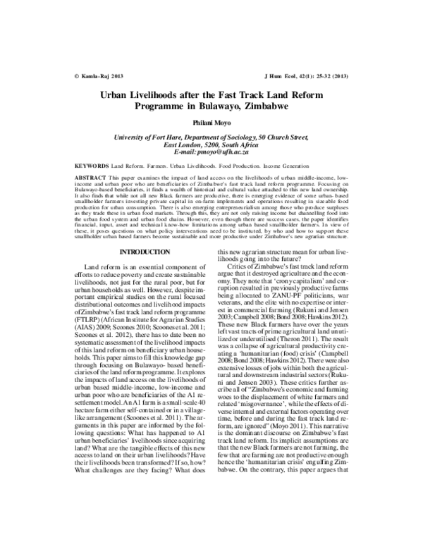 (PDF) Urban Livelihoods after the Fast Track Land Reform Programme in ...