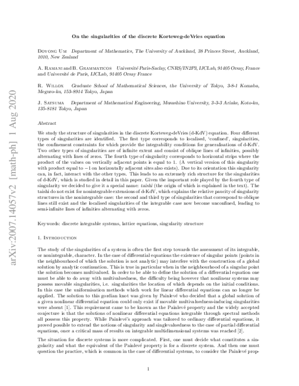 (PDF) On the singularities of the discrete Korteweg–deVries equation