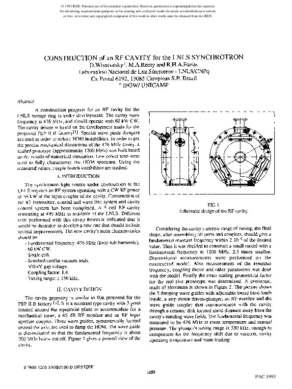 (PDF) Construction of an RF cavity for the LNLS synchrotron