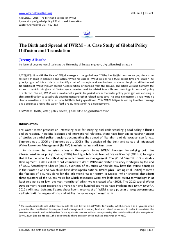 (PDF) The Birth and Spread of IWRM – A Case Study of Global Policy ...