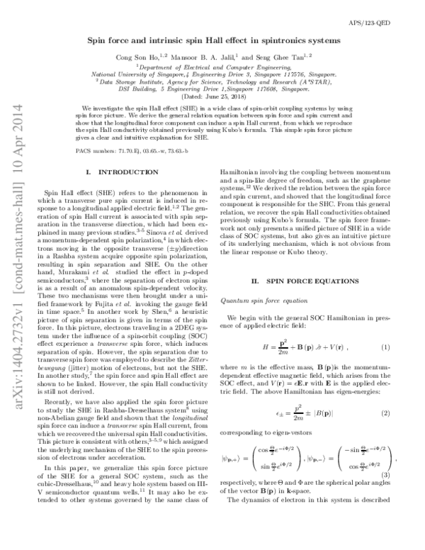 (PDF) Spin force and intrinsic spin Hall effect in spintronics systems