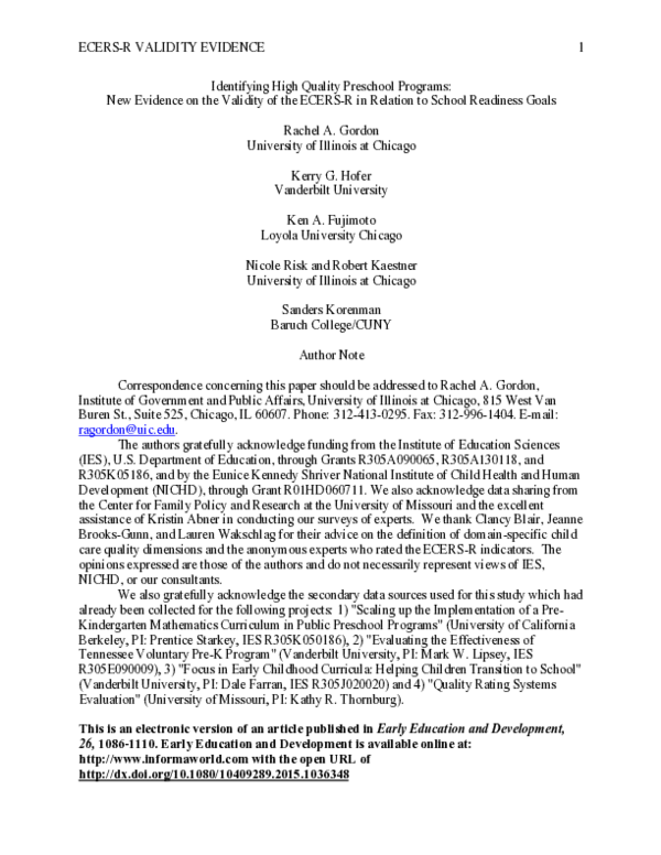 (PDF) Identifying High-Quality Preschool Programs: New Evidence on the ...
