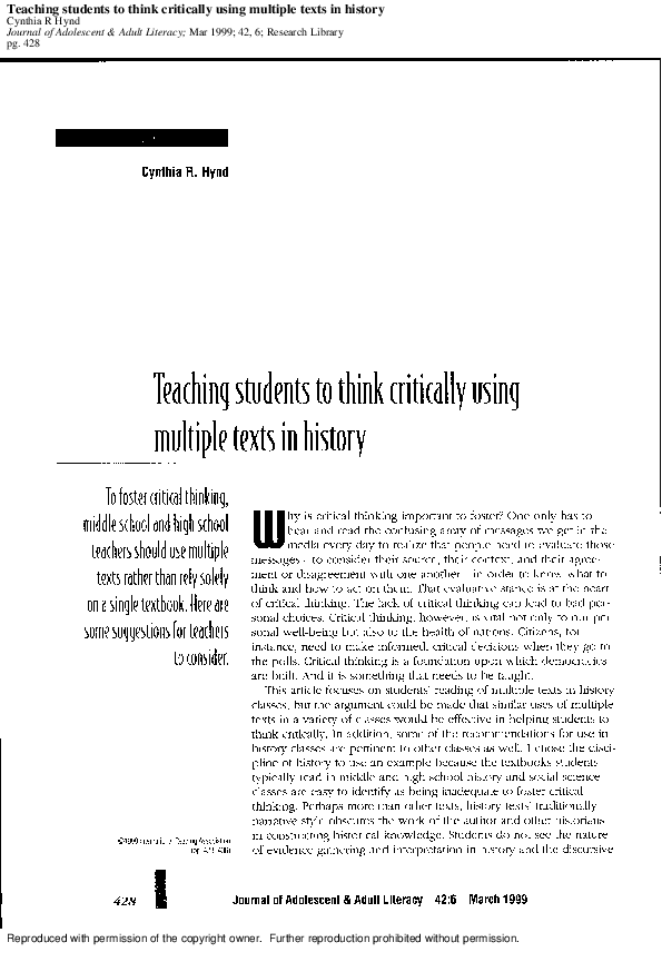 (PDF) Teaching Students To Think Critically Using Multiple Texts in History