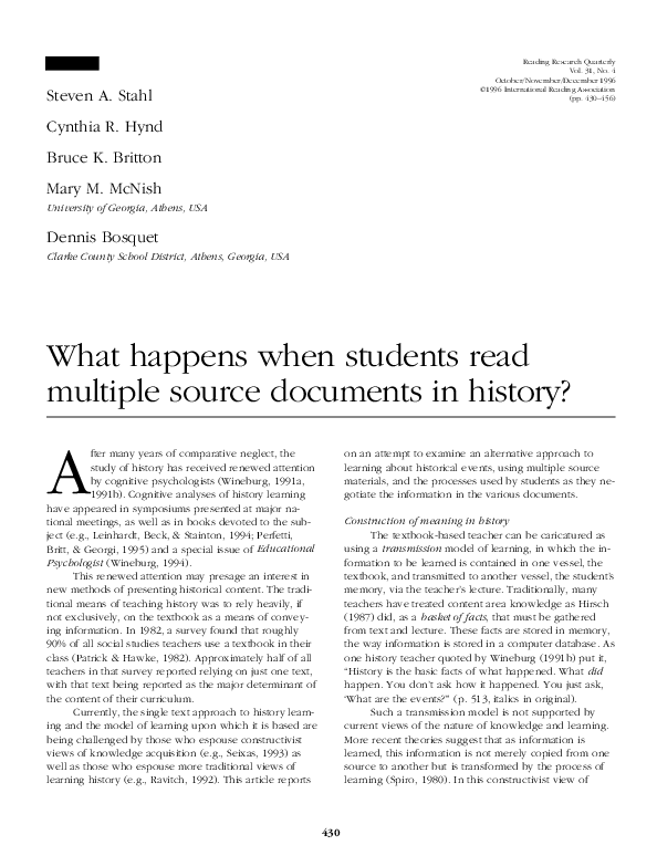 (PDF) What Happens When Students Read Multiple Source Documents in History?