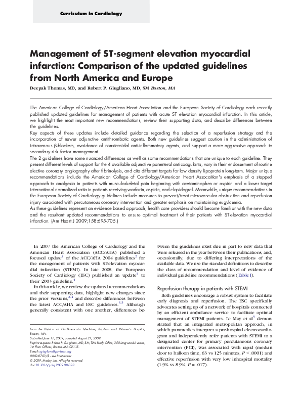 (PDF) Management of ST-segment elevation myocardial infarction: Comparison of the updated ...