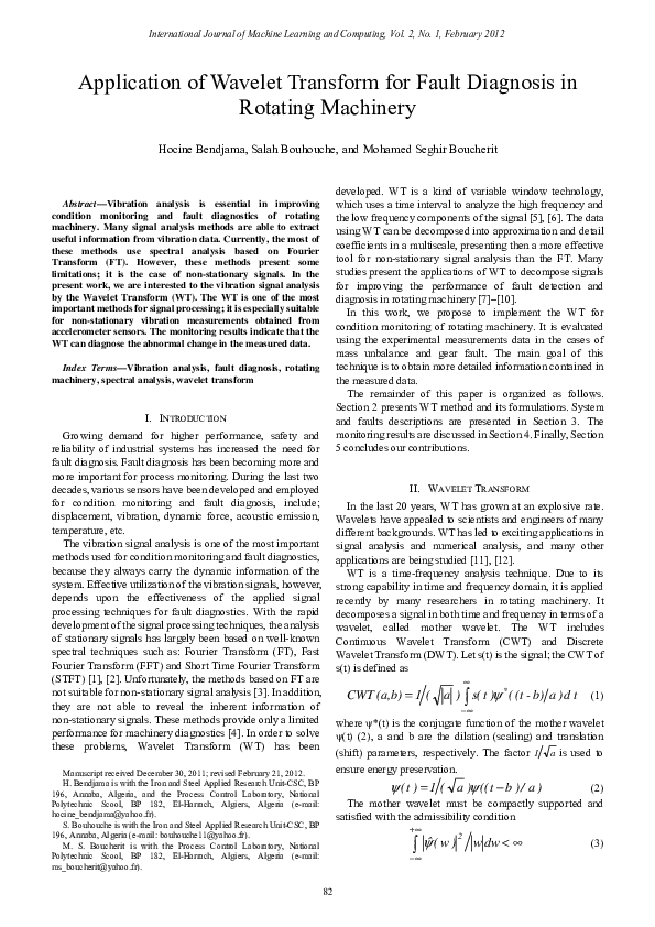 (PDF) Application of Wavelet Transform for Fault Diagnosis in Rotating Machinery