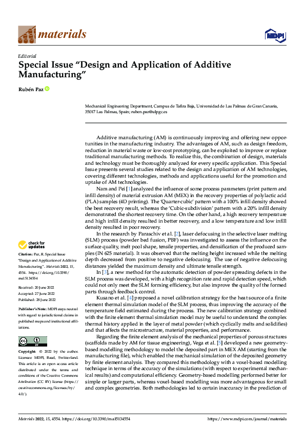(PDF) Special Issue “Design and Application of Additive Manufacturing”
