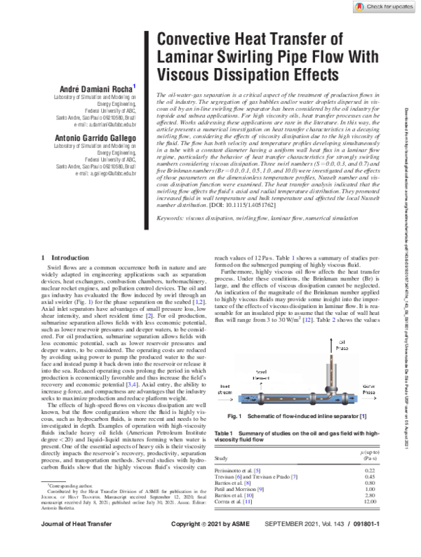 (PDF) Convective Heat Transfer of Laminar Swirling Pipe Flow With Viscous Dissipation Effects
