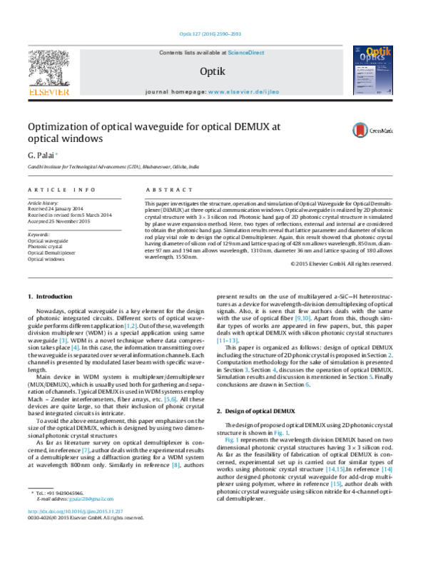(PDF) Optimization of optical waveguide for optical DEMUX at optical windows