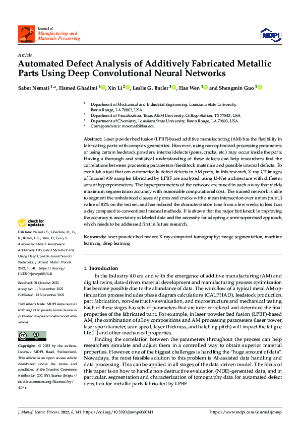 Pdf Automated Defect Analysis Of Additively Fabricated Metallic Parts