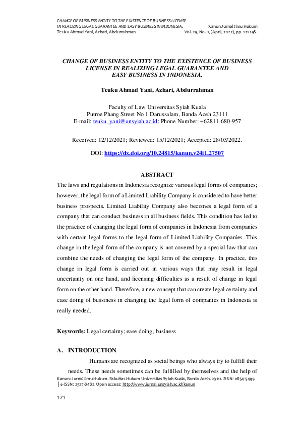 (PDF) Change of Business Entity to the Existence of Business License in ...