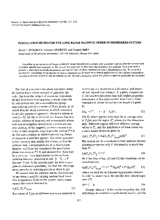 (PDF) Percolation mechnisms for long range magnetic order in disordered systems