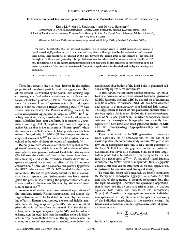 (PDF) Enhanced second harmonic generation in a self-similar chain of metal nanospheres
