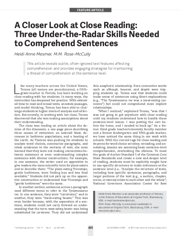 (PDF) A Closer Look at Close Reading: Three Under-the-Radar Skills ...